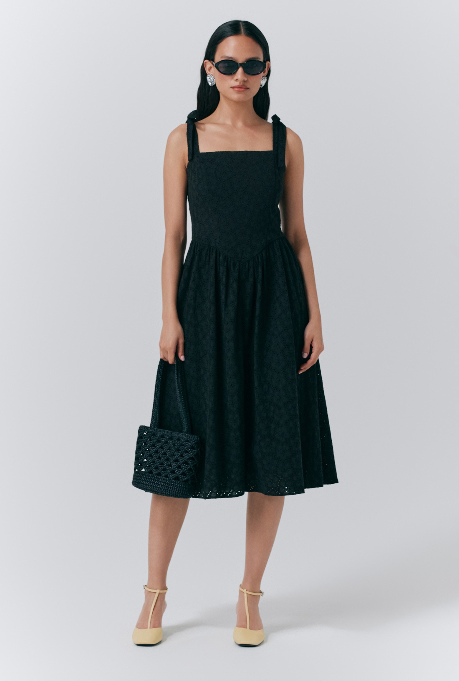 Fabiola Black Embroidered Cotton Strappy Dress | Ghost London