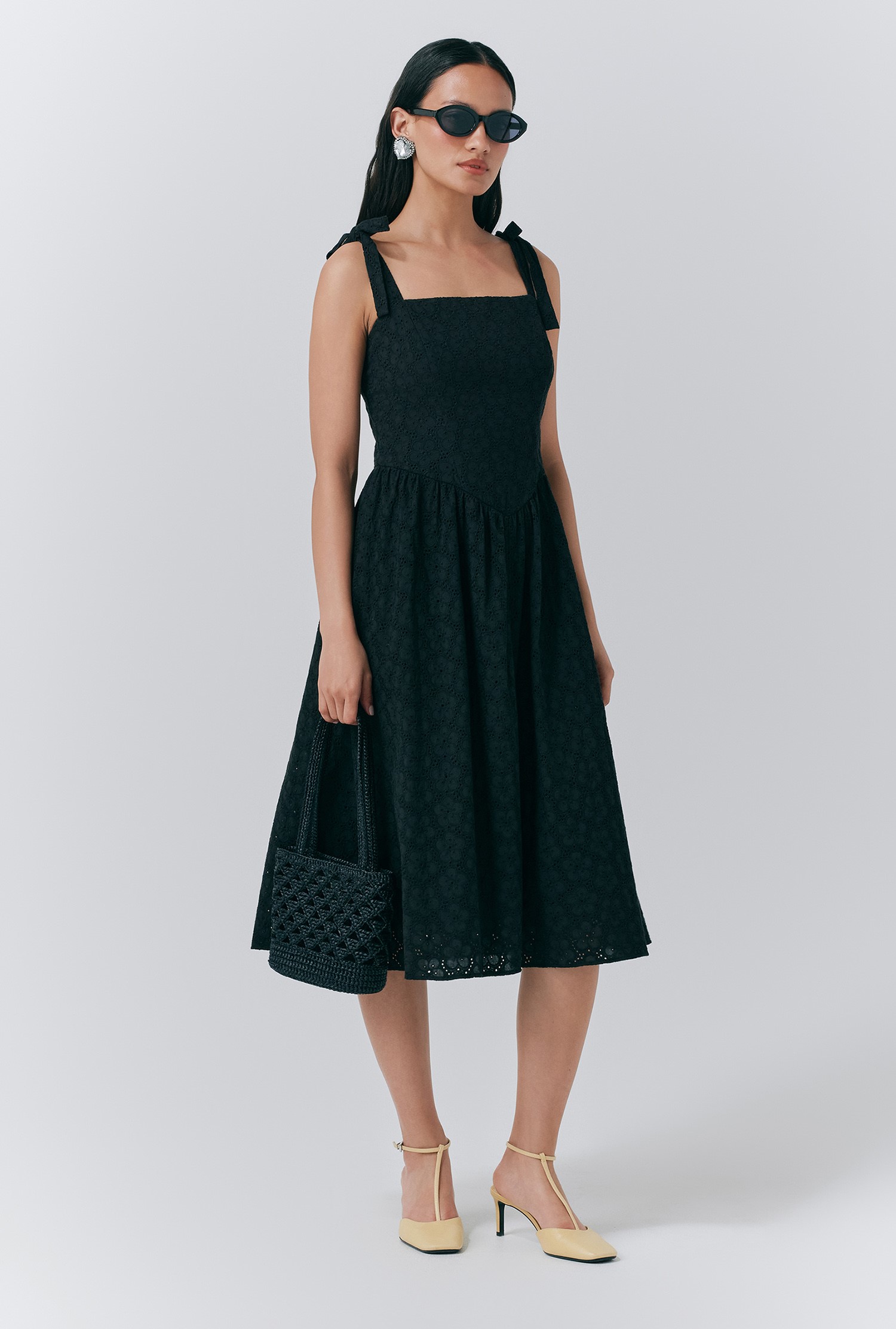 Fabiola Black Embroidered Cotton Strappy Dress | Ghost London