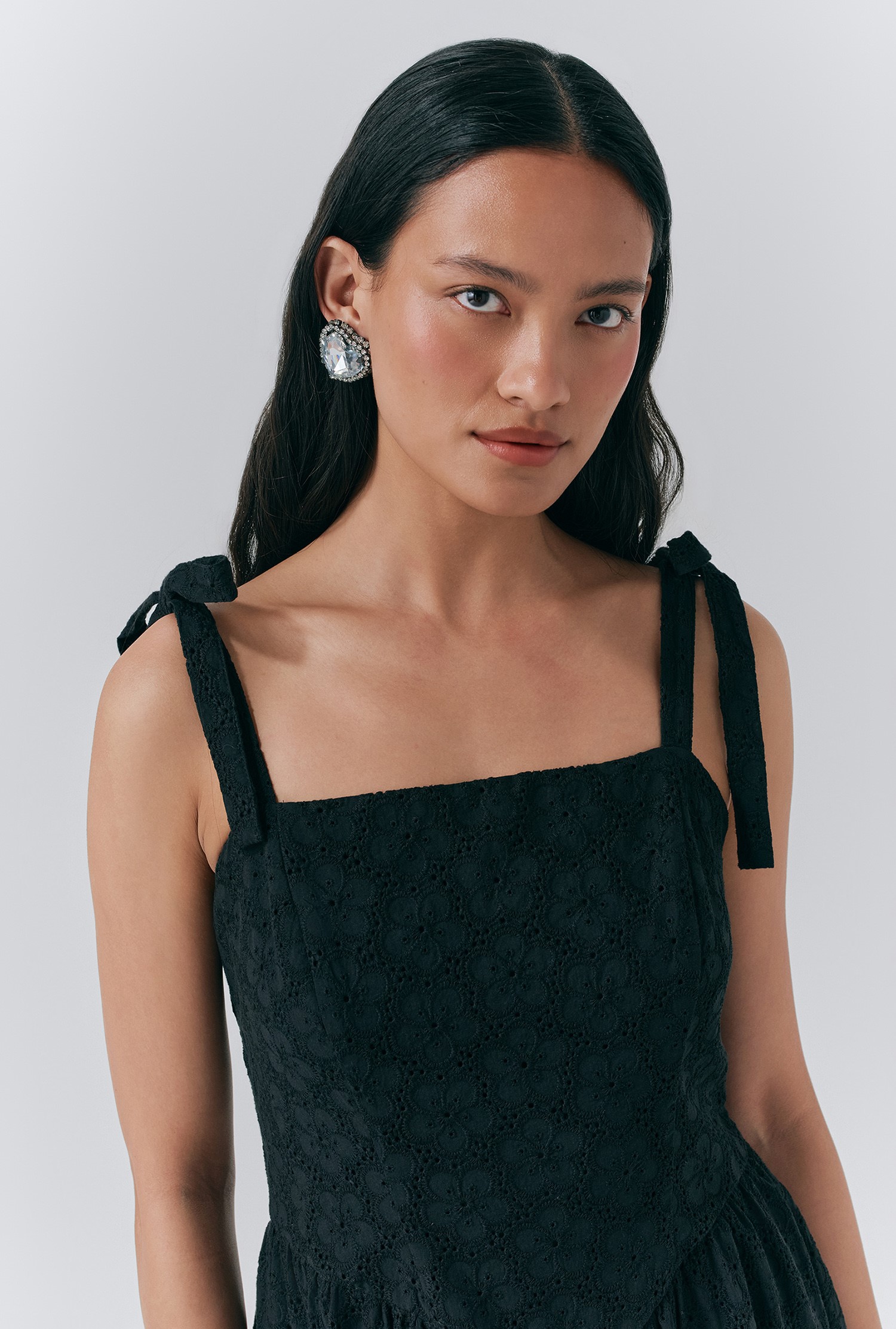 Fabiola Black Embroidered Cotton Strappy Dress | Ghost London