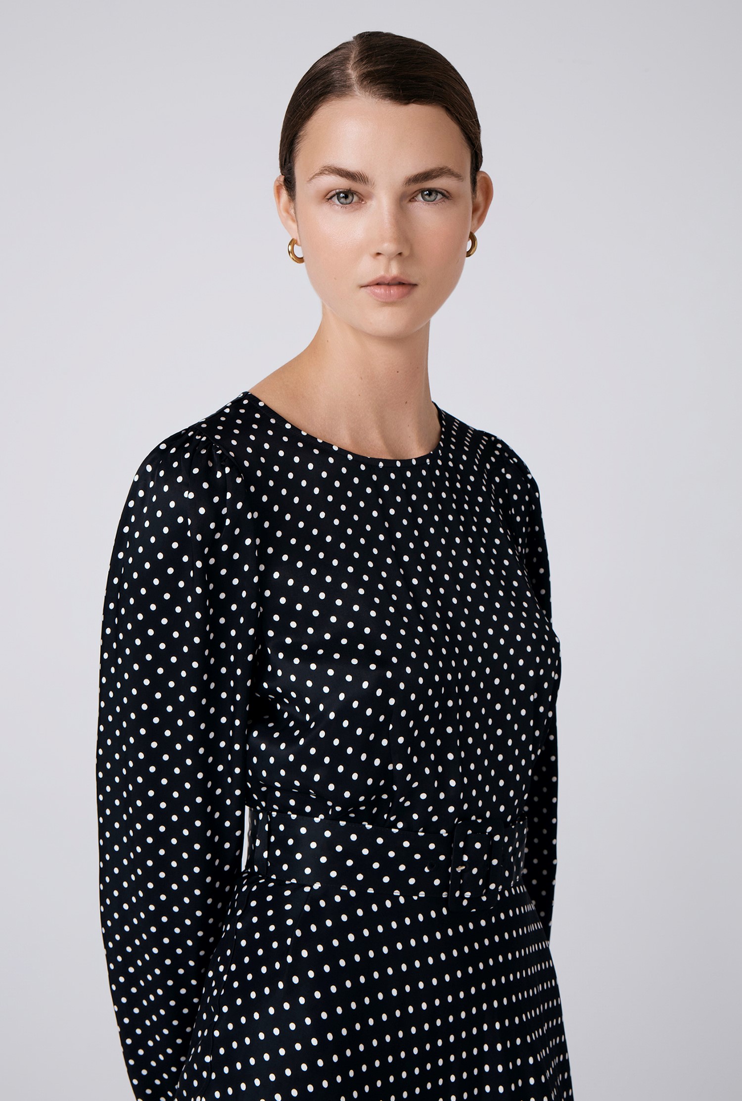 Sophia Polka Dot Satin Midi Belted Dress | Ghost London